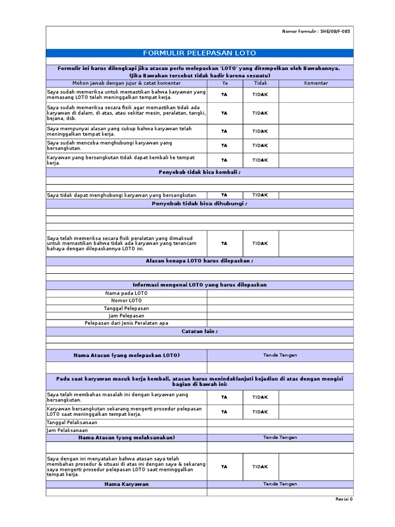 SHE 08 F085 R0 Form Pelepasan LOTO | PDF