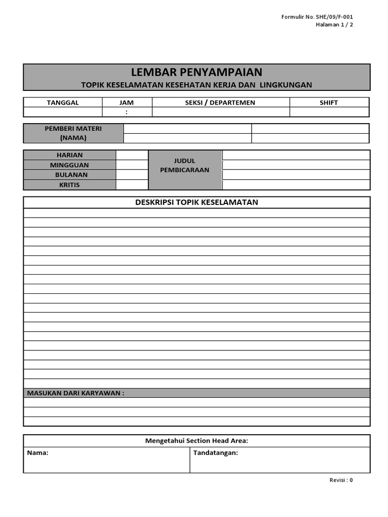 SHE 09 F001 R0 Form Lembar Penyampaian Topik K3L (Form Safety Talk) | PDF