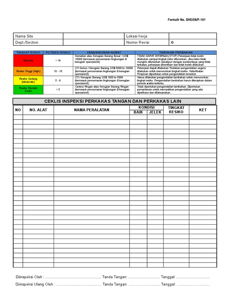 SHE 08 F101 R0 Form Inspeksi Perkakas Tangan Dan Perkakas Lain | PDF