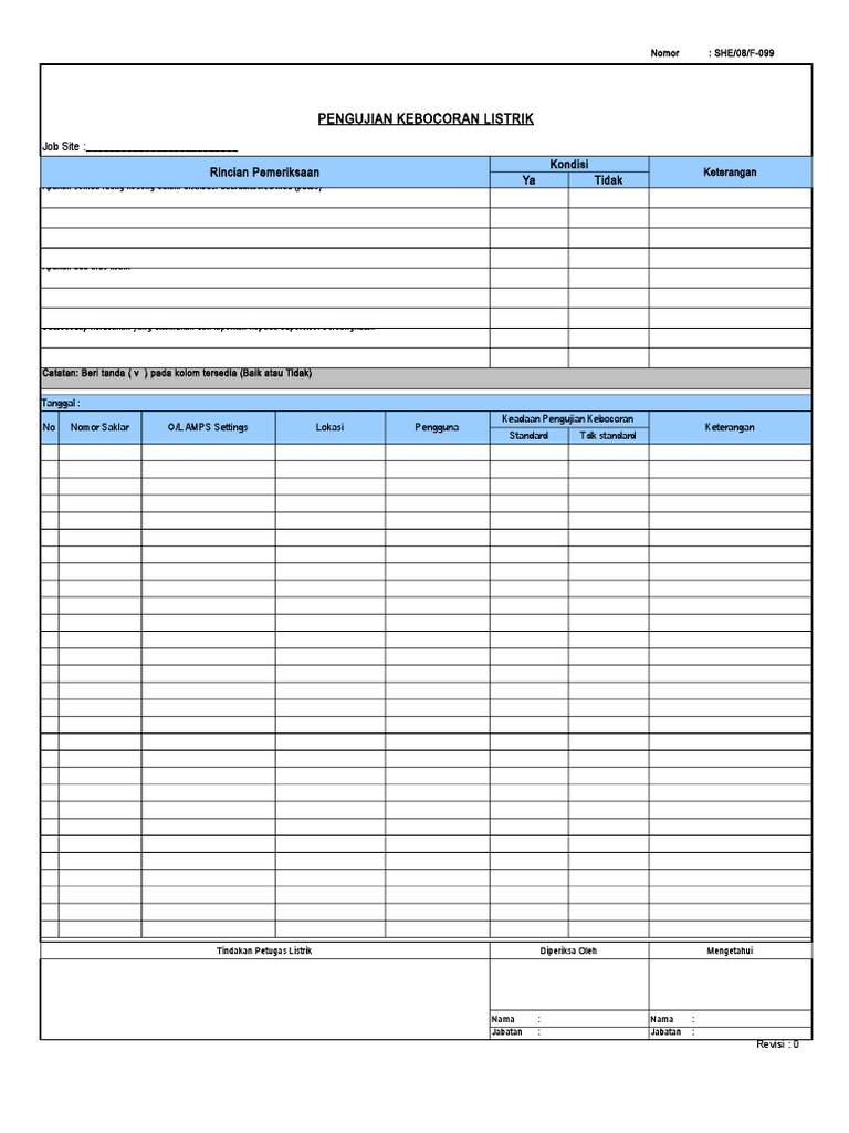 SHE 08 F099 R0 Form Pengujian Kebocoran Listrik | PDF
