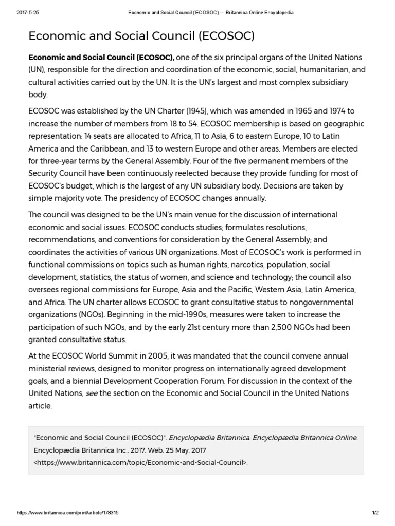 Economic and Social Council (ECOSOC) -- Britannica Online Encyclopedia ...