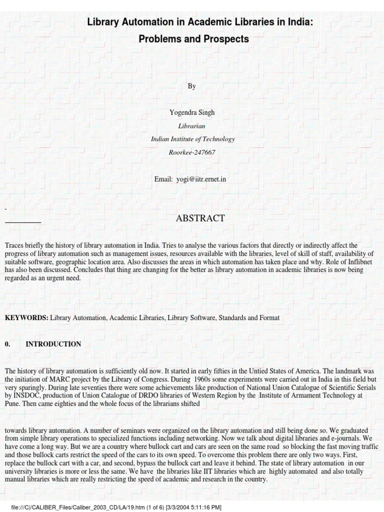 Library Automation in Academic Libraries in India: Problems and ...