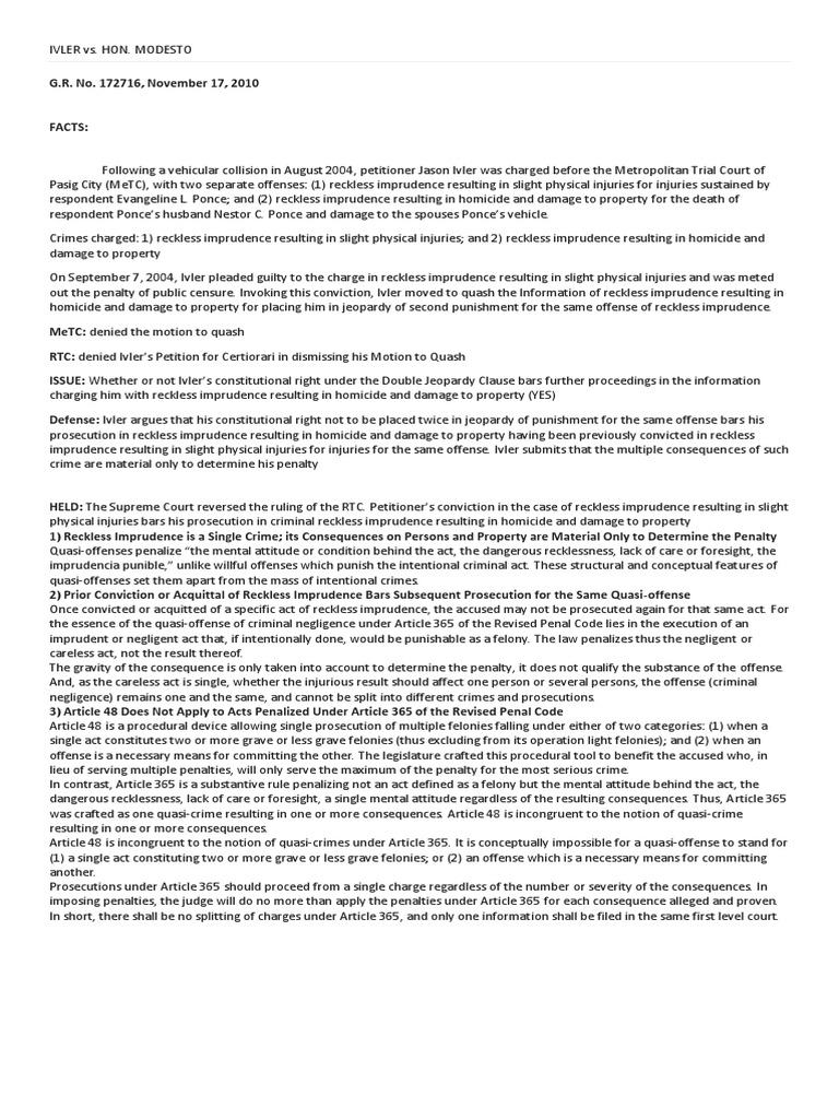 IVLER Case Digest | PDF | Felony | Recklessness (Law)