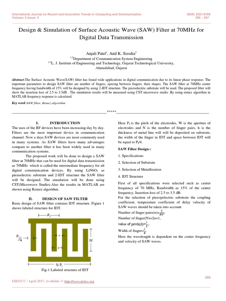 Design & Simulation of Surface Acoustic Wave (SAW) Filter at 70MHz For ...