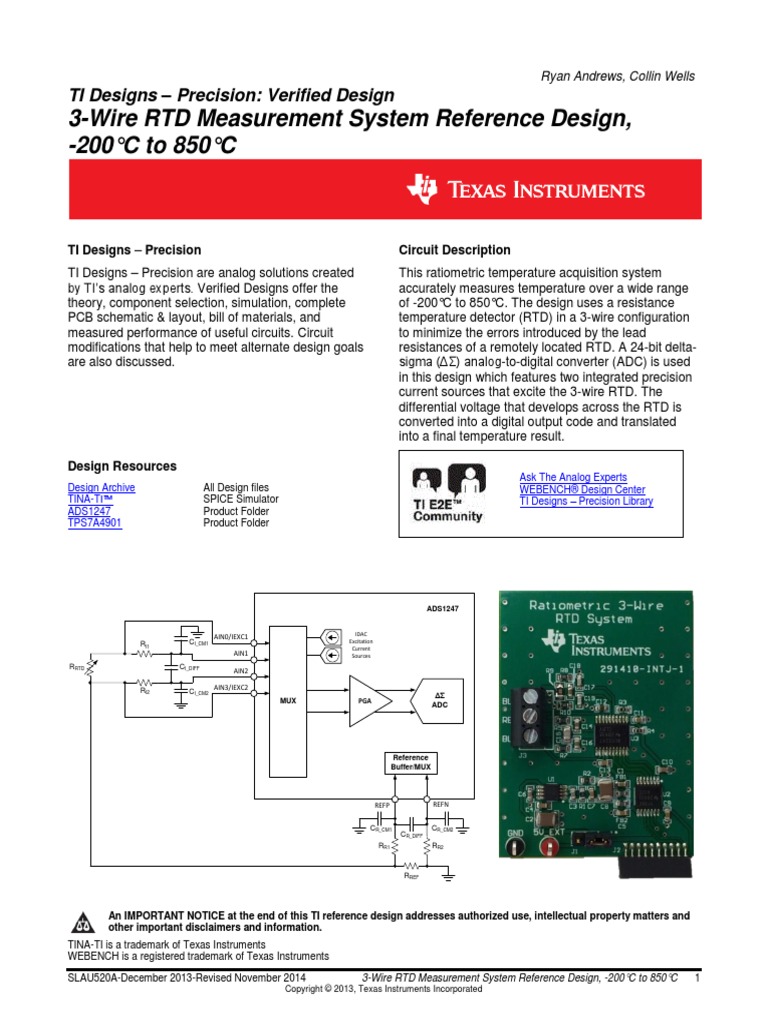 3-Wire RTD Measurement System Reference Design, - 200°C To 850°C | PDF ...