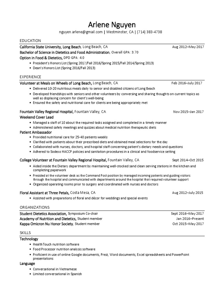 Arlene Nguyen Resume 7-5 | PDF | Dietitian | Nutrition