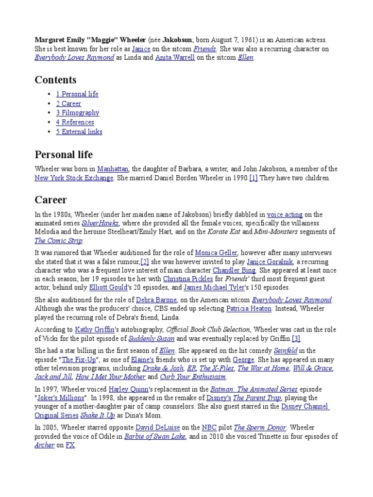 Margaret Emily "Maggie" Wheeler (Née Jakobson Born August 7, 1961) Is ...