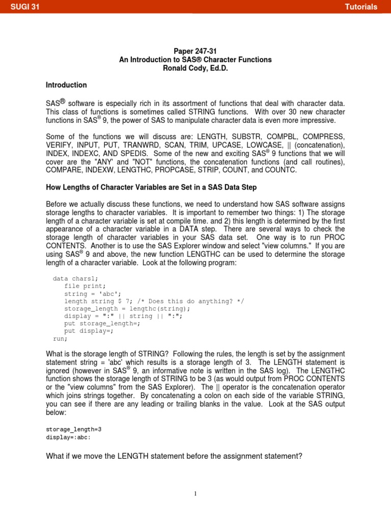 An Introduction To Sas® Character Functions Pdf String Computer Science Sas Software