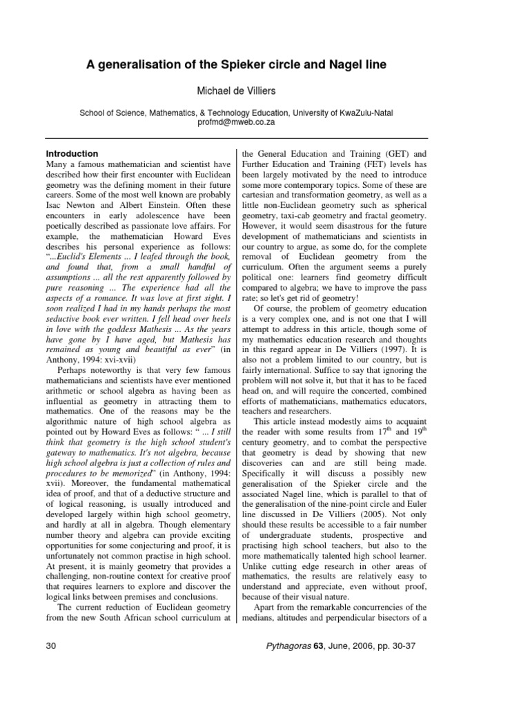 A Generalization of The Spieker Circle and Nagel Line | PDF | Triangle ...