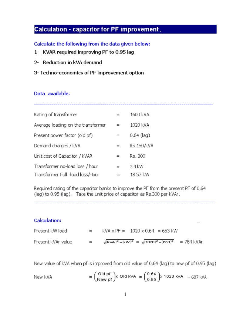 Calculation - Capacitor For PF Improvement | PDF | Electricity | Power ...