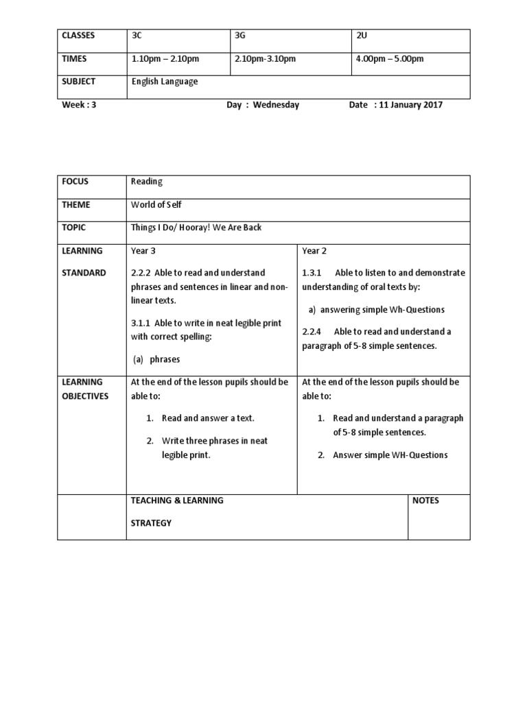 Lesson Plan Year 3 English | PDF | Question | Lesson Plan