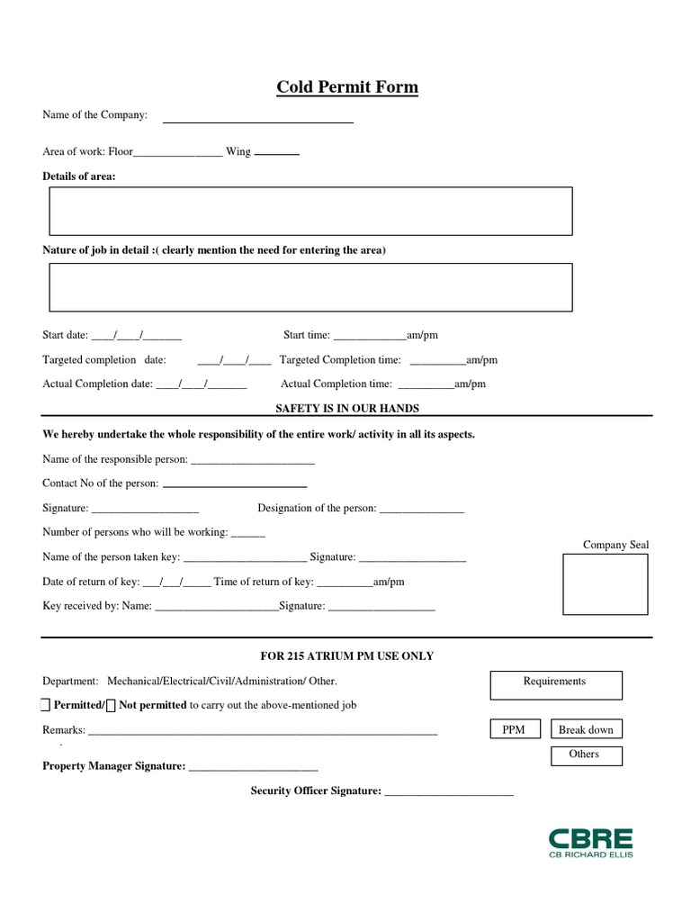A Comprehensive Cold Permit Form for Facility Maintenance Work | PDF