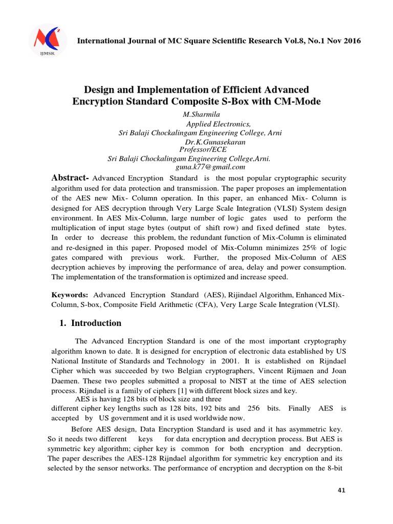 Design and Implementation of Efficient Advanced Encryption Standard Composite S-Box With CM-Mode ...