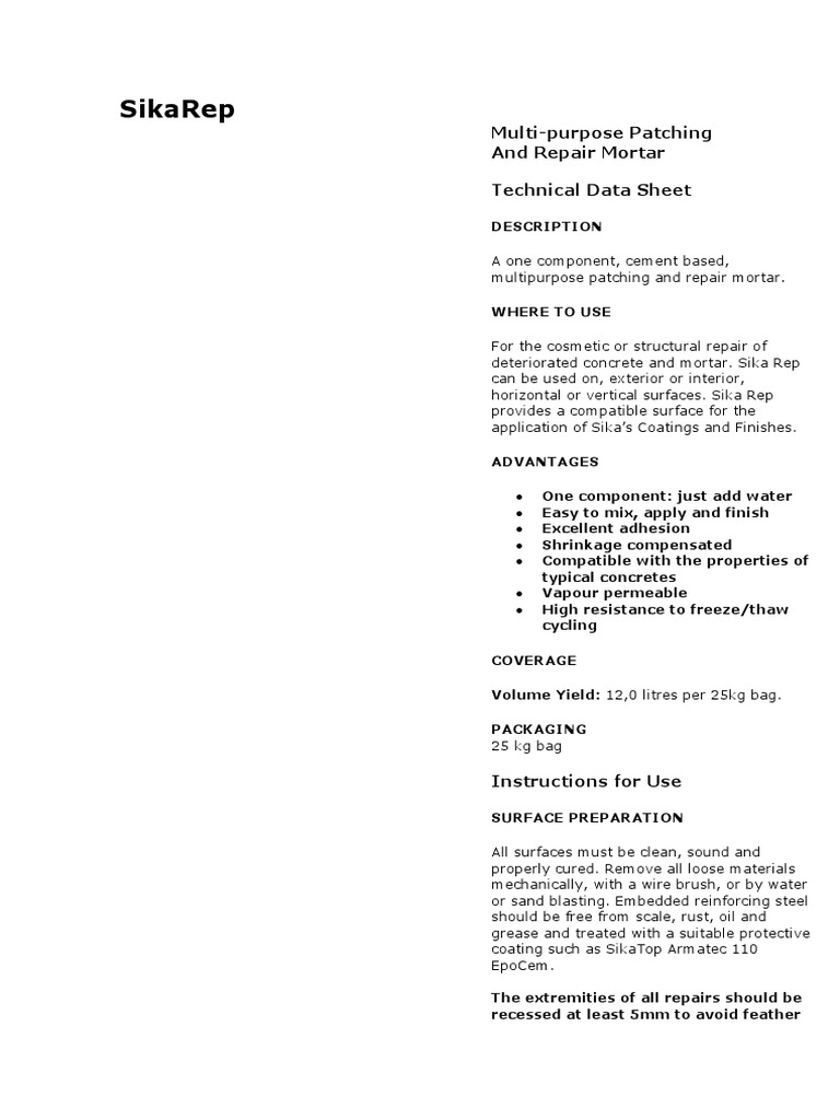 Sikarep: Multi-Purpose Patching and Repair Mortar Technical Data Sheet ...