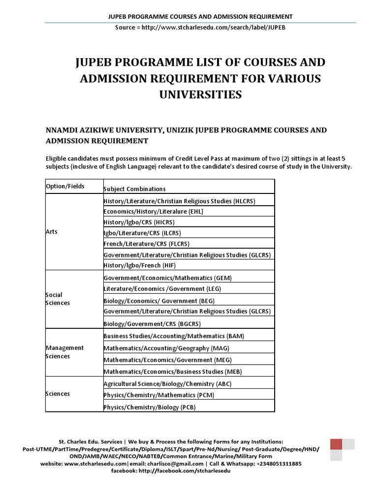 Jupeb Programme List of Courses and Requirement | PDF | University And ...
