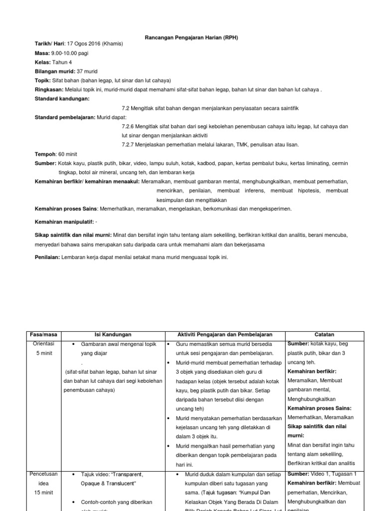 Rancangan Pengajaran Harian Sains | PDF