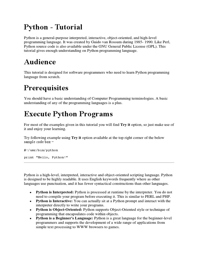 Python - Tutorial: #!/usr/bin/python Print "Hello, Python!" | PDF | Control Flow | Command Line ...