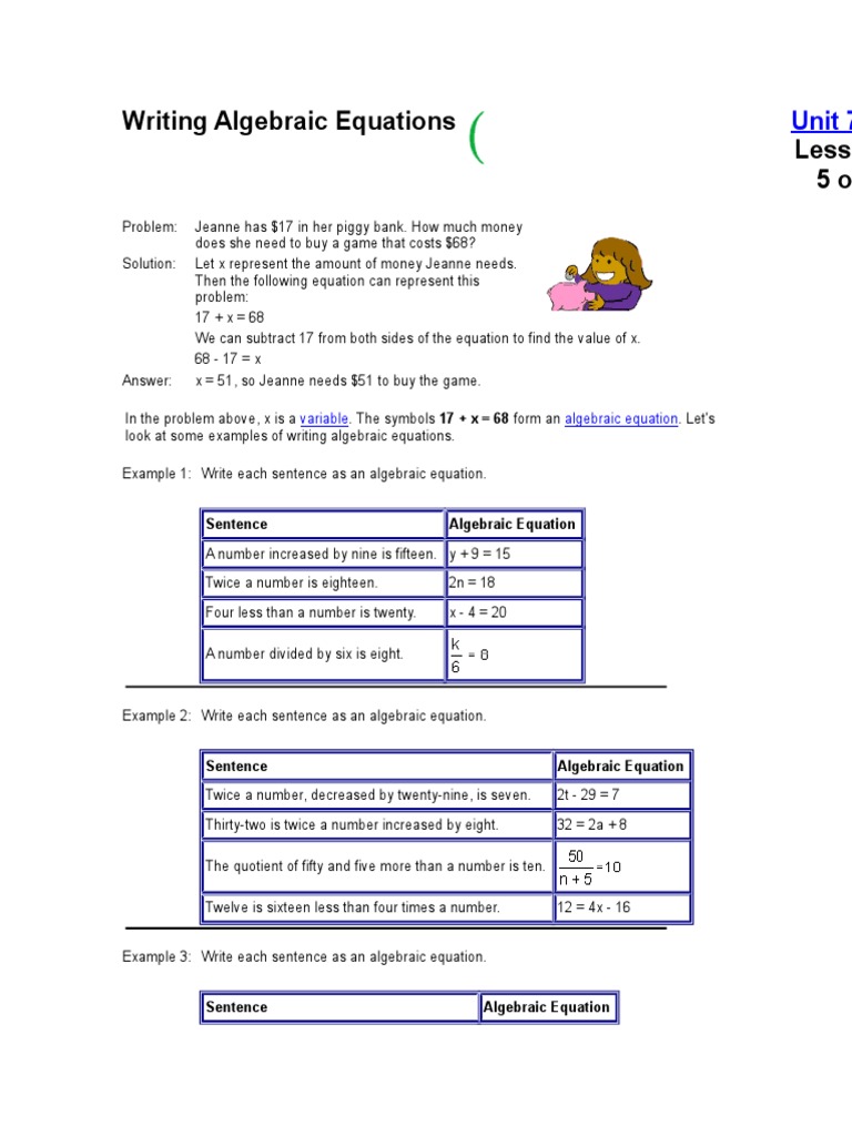 Writing Algebraic Equations Lesson 5 of 8: Unit 7 | PDF | Equations ...