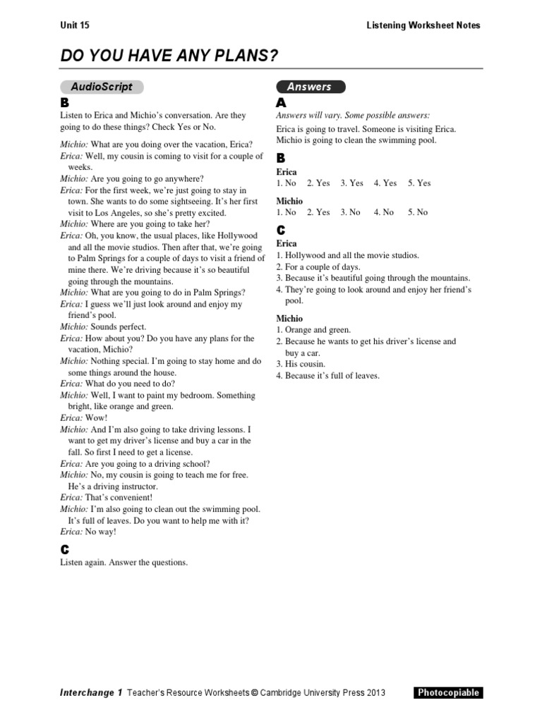 Interchange4thEd Level1 Unit15 Listening Worksheet | PDF | Leisure