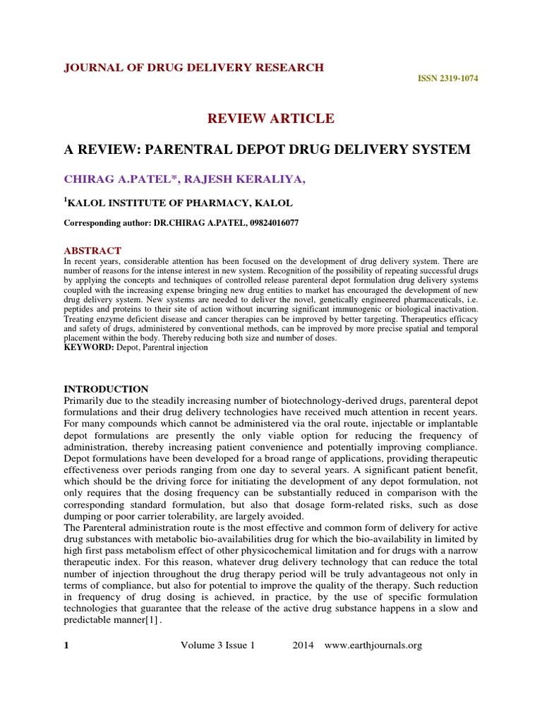 A Review: Parentral Depot Drug Delivery System | PDF | Injection ...