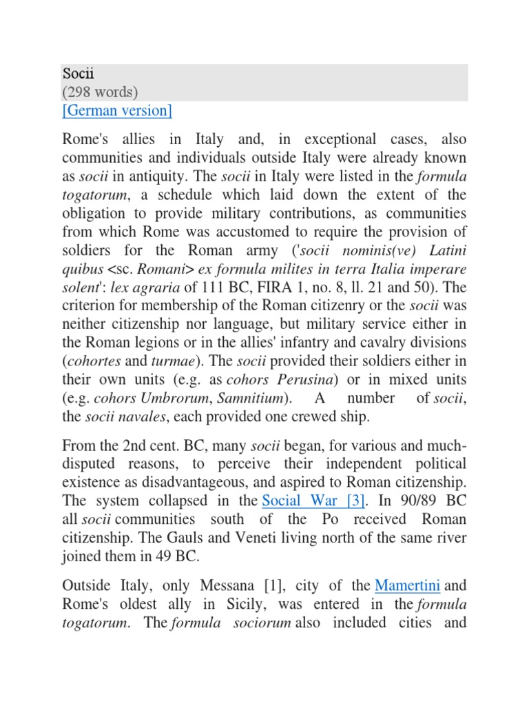 Roman Socii: Allies and Citizenship | PDF | Travel | History