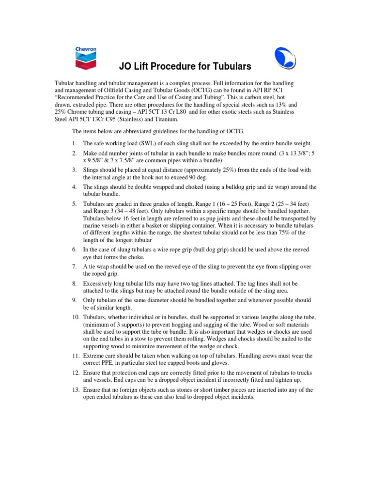 Chevron-JO Lift Procedure For Tubulars | PDF | Pipe (Fluid Conveyance ...