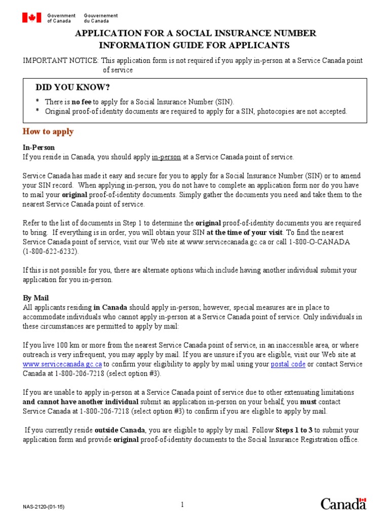 Application For A Social Insurance Number Information Guide For ...