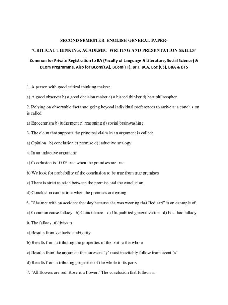MCQ English - Sem - II Critical Thinking | PDF | Linguistics | Syntax