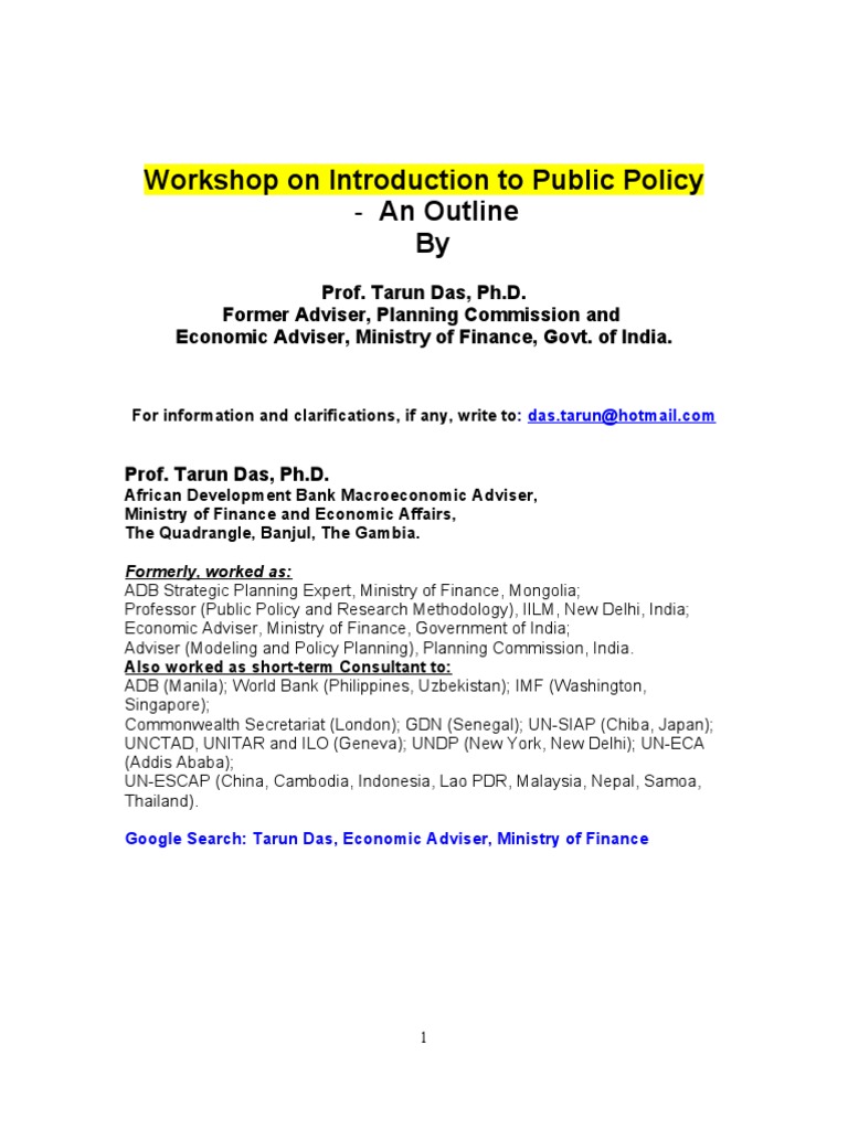 Tarun Das Workshop Outline On Public Policy | PDF | Policy Analysis | Policy