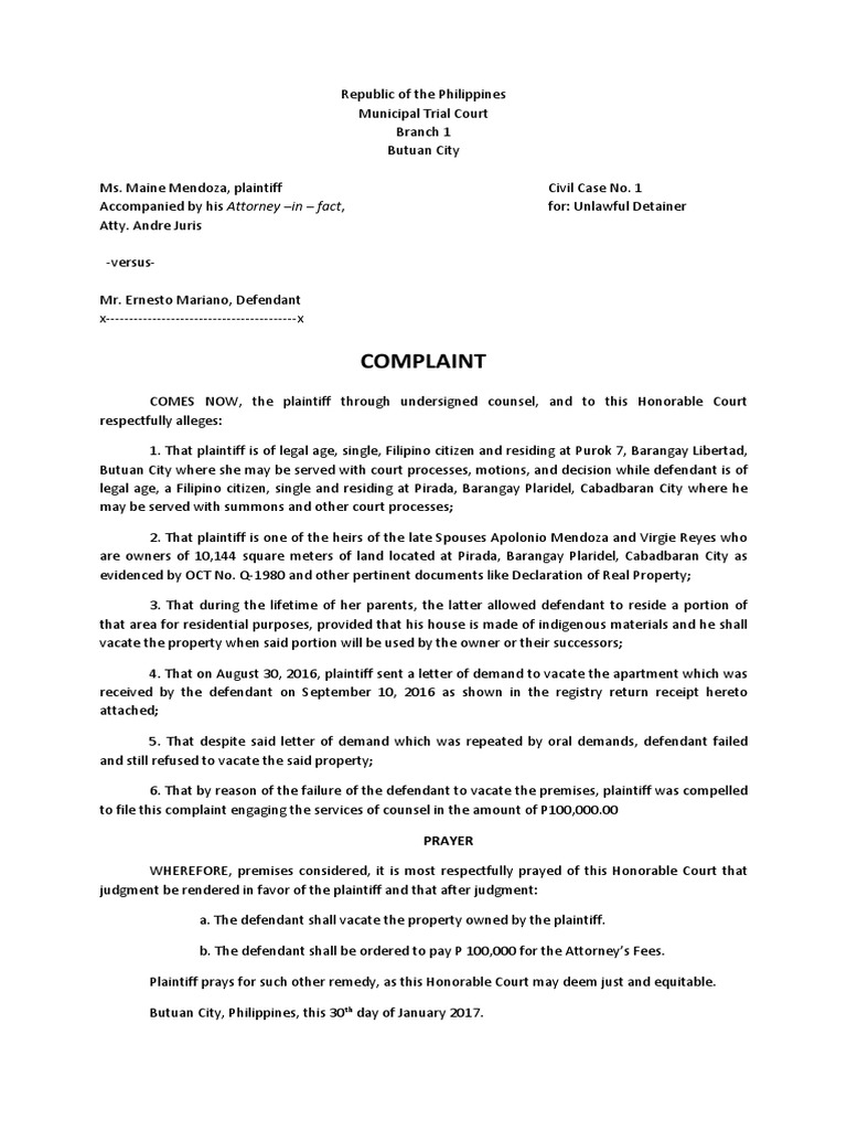 Complaint For Unlawful Detainer | PDF | Complaint | Lawsuit