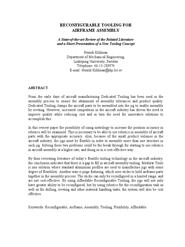 Reconfigurable Tooling For Airframe Assembly | PDF | Machine Tool | Optics