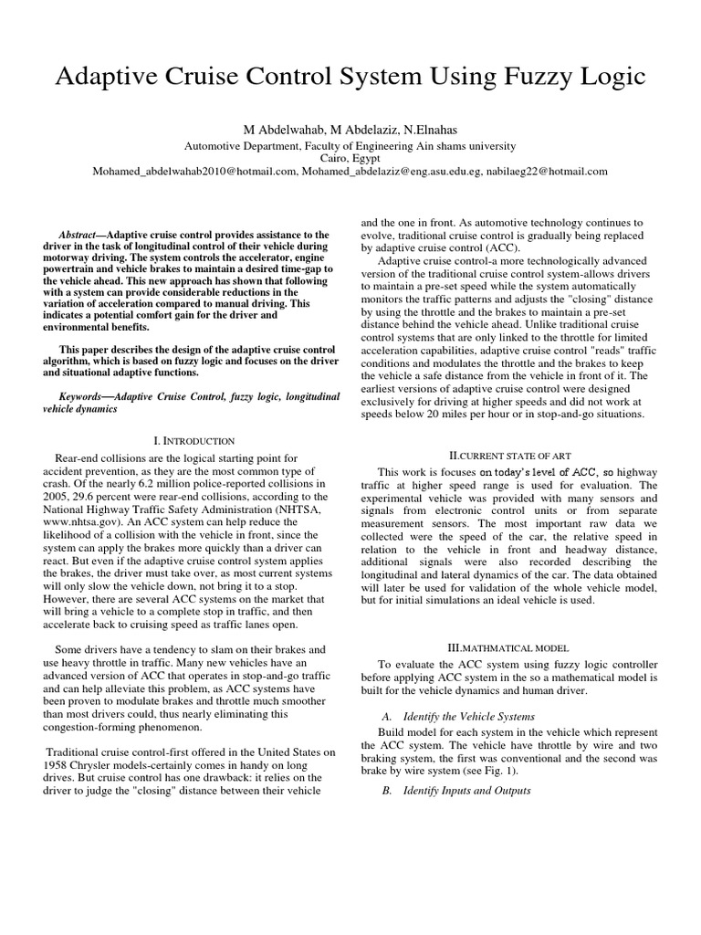 Adaptive Cruise Control System Using Fuzzy Logic: M Abdelwahab, M ...