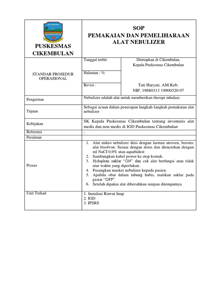 SOP Penggunaan Nebulizer di Puskesmas | PDF