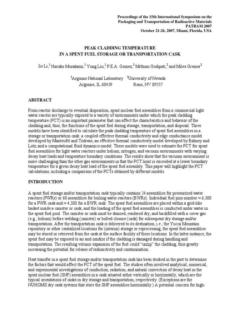 Peak Cladding Temperature in A Spent Fuel Storage or Transportation ...