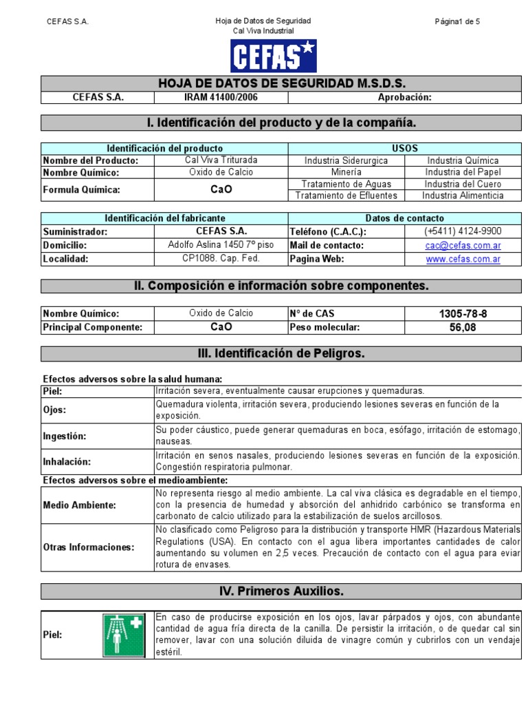 MSDS CaO Cal Viva | PDF | Quemar | Agua