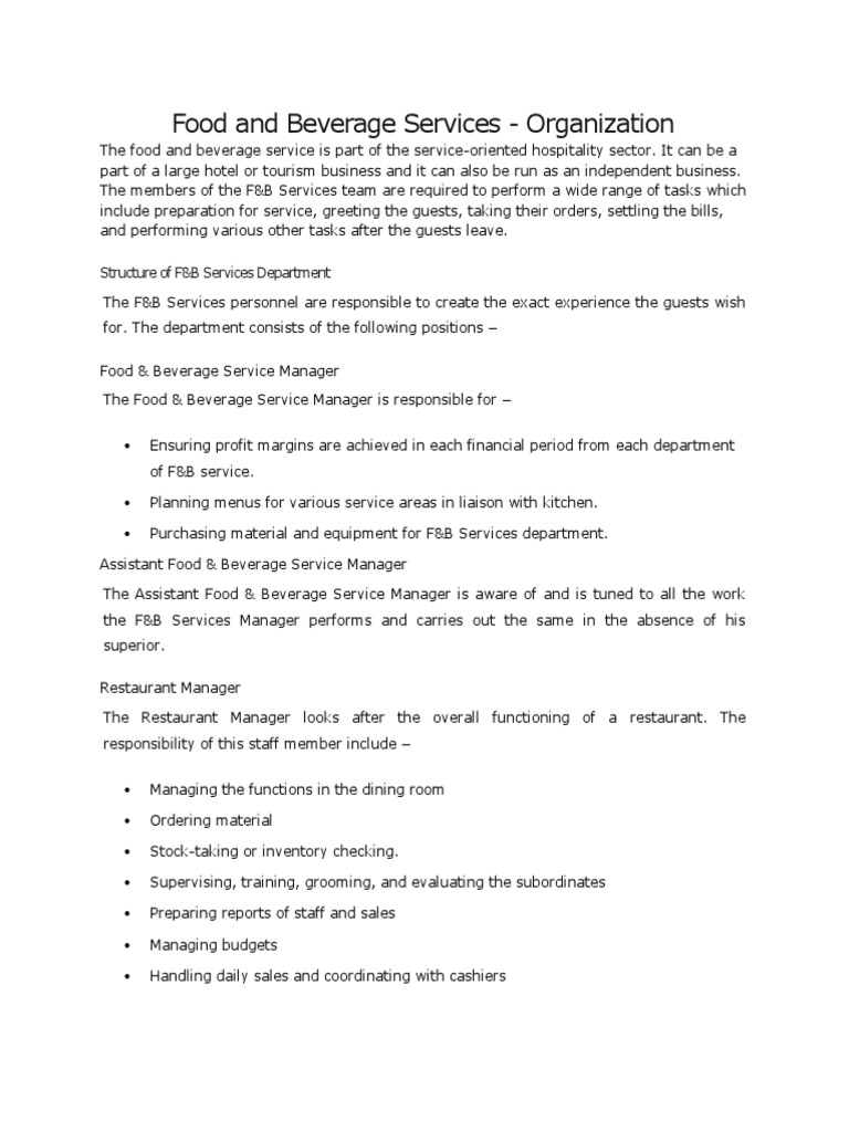 Food and Beverage Organization | PDF | Foodservice | Restaurants