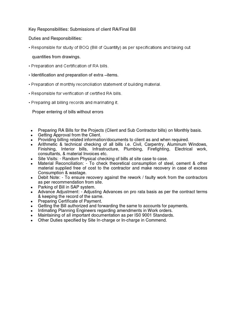 Responsibilities of Billing Engineer | Invoice | Specification ...