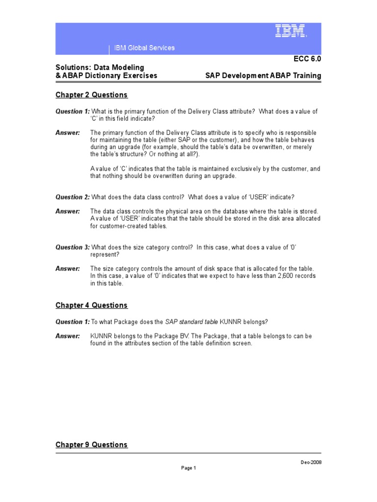 ECC 6.0 Solutions: Data Modeling & ABAP Dictionary Exercises SAP Development ABAP Training ...