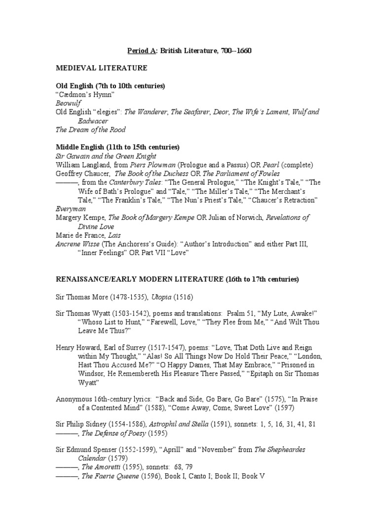 British Literature: 700-1660 Overview | PDF | William Shakespeare ...