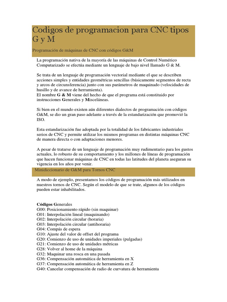 Códigos G y M en Programación CNC | PDF | Control numerico ...