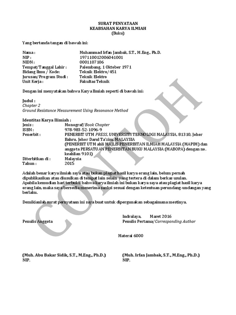 3 Surat Penyataan Keabsahan Karya Ilmiah (Contoh) | PDF