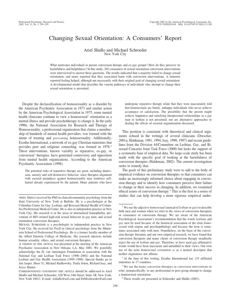 Changing Sexual Orientation: A Consumers' Report Ariel Shidlo and ...