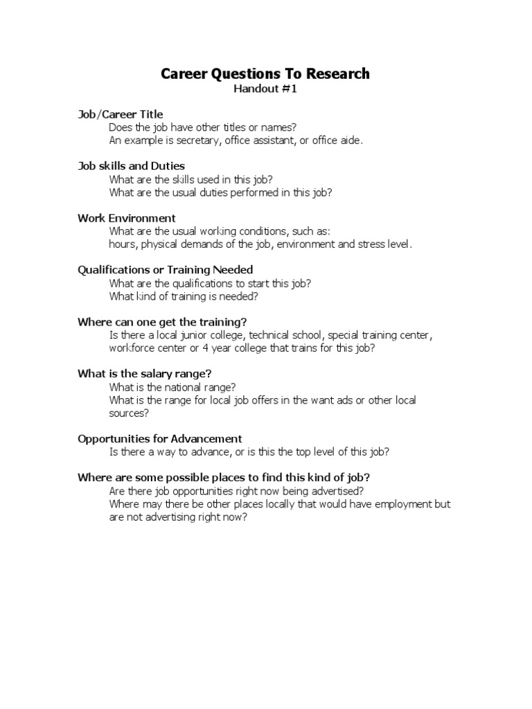 Career Questions To Research: Handout #1 Job/Career Title | PDF
