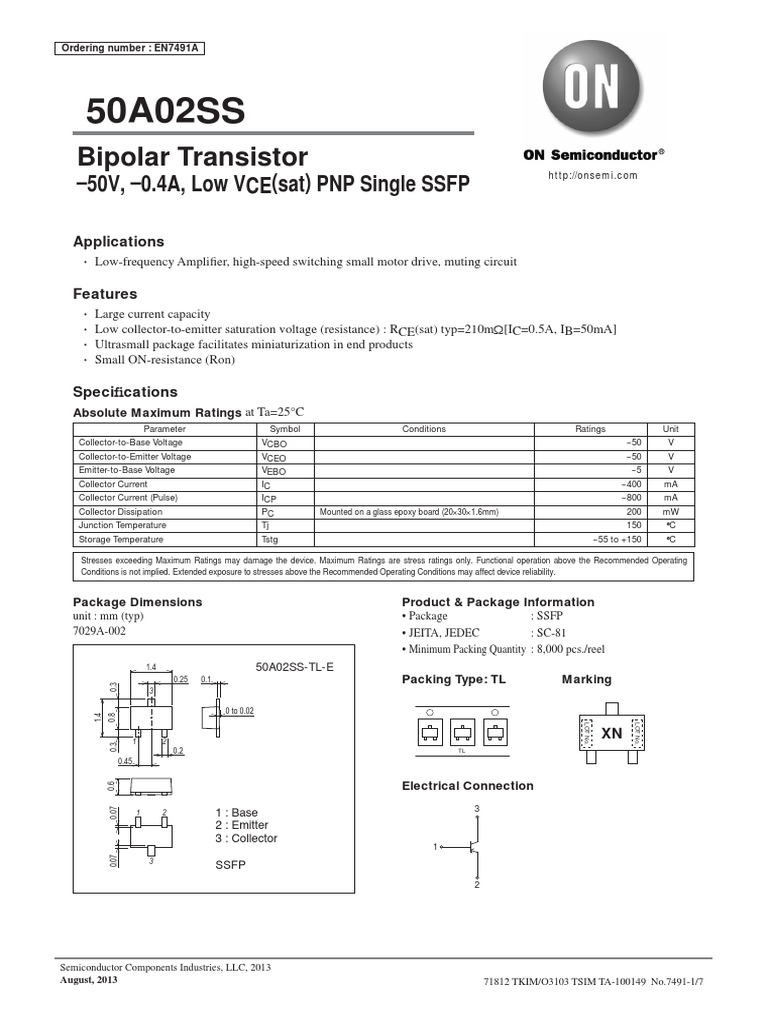 Bipolar Transistor: –50V, –0.4A, Low VCE(sat) PNP Single SSFP