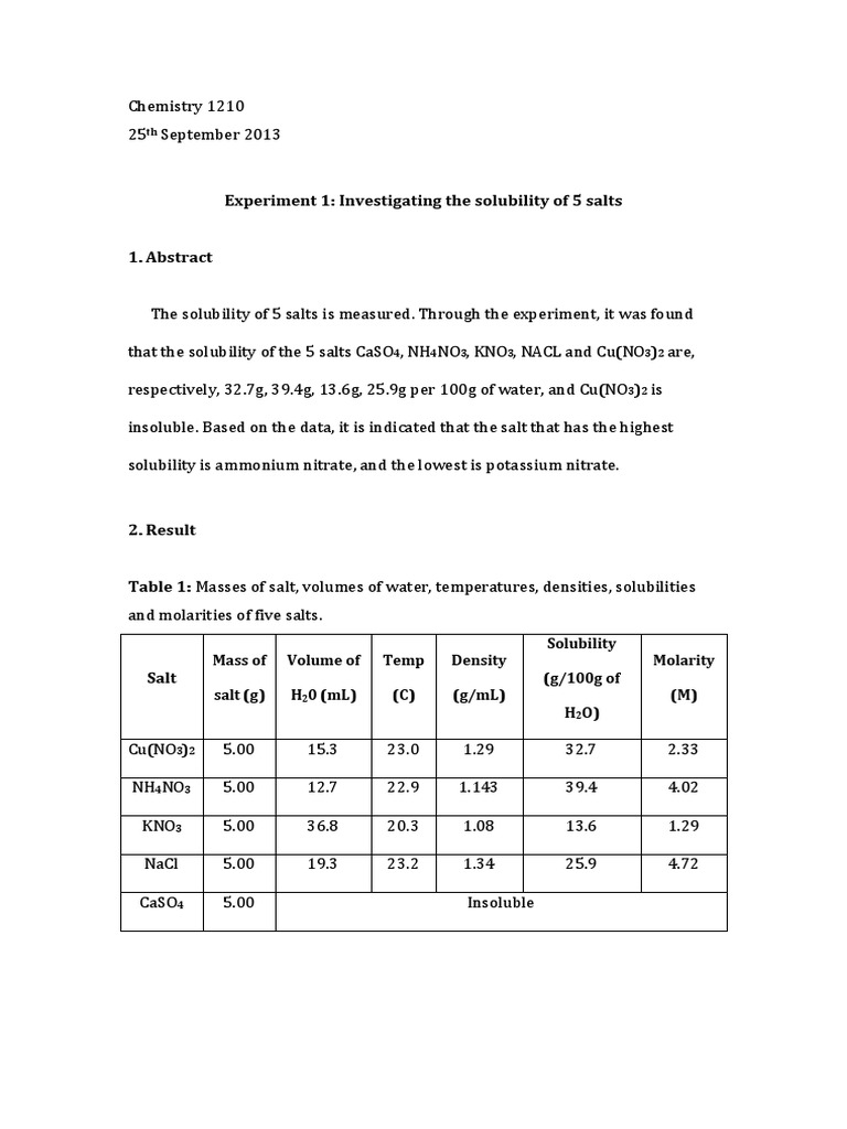 Solubility of Five Salts Experiment | PDF
