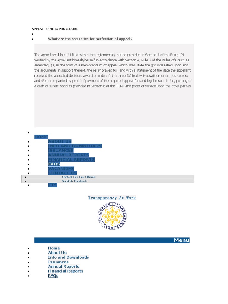 Appeal To Nlrc-Procedure | PDF | Arbitration | Strike Action