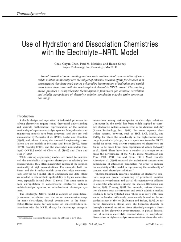 Use of Hydration and Dissociation Chemistries Chen Mathias Orbey 1999 ...