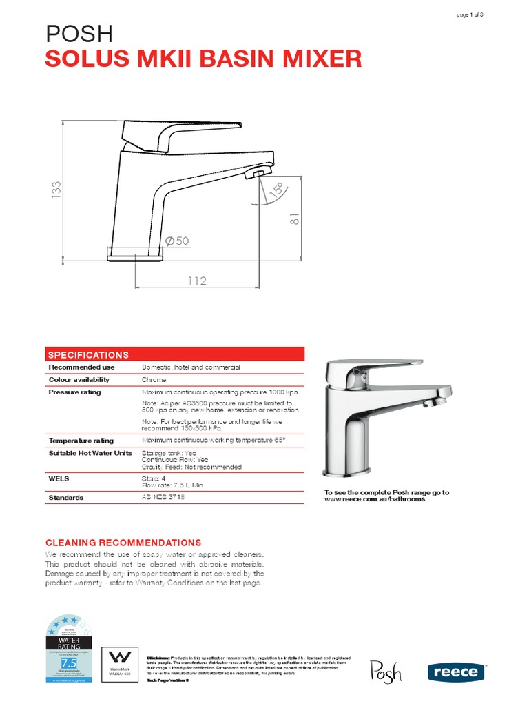 Posh Solus Mkii Basin Mixer 9502635 Tech Warranty | PDF | Tap (Valve ...