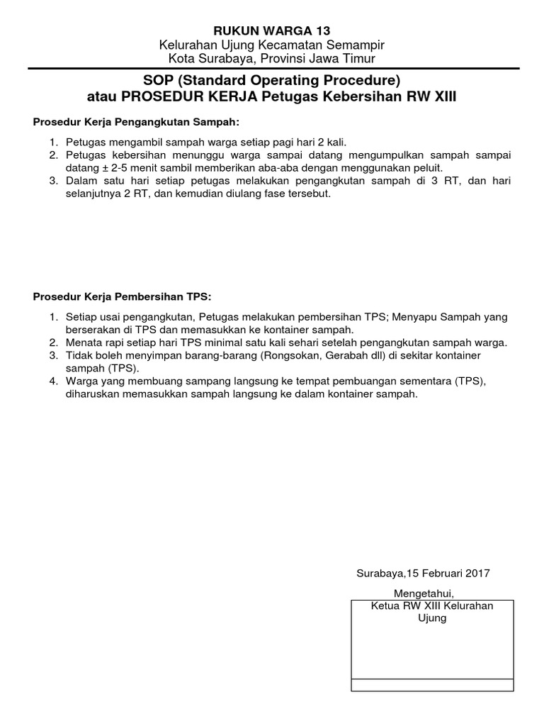 SOP Kebersihan TPS | PDF