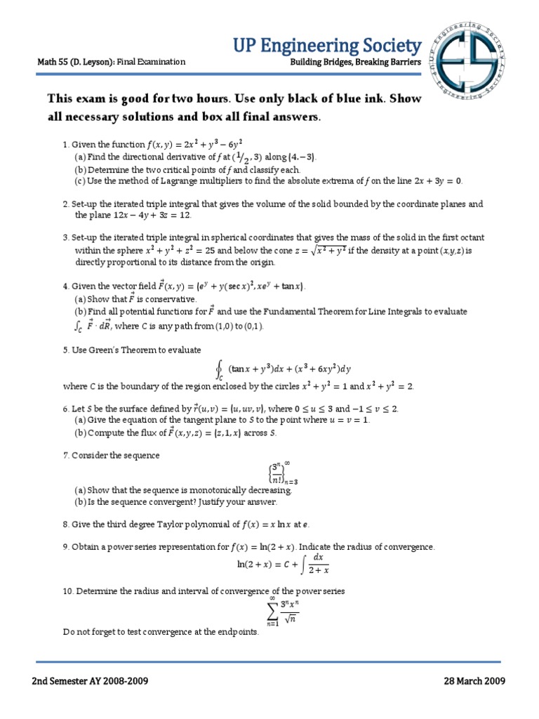 Math 55 - Finals Samplex | PDF | Power Series | Sphere